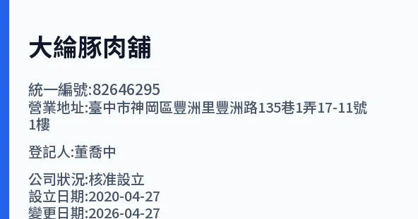 大綸豚肉舖的照片-統編 82646295(臺中市) 公司登記資料與營業項目詳細圖表