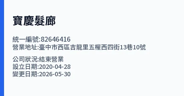 寶慶髮廊的照片-統編 82646416(臺中市) 公司登記資料與營業項目詳細圖表