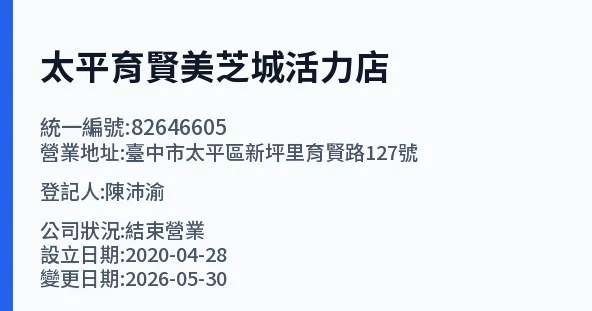 太平育賢美芝城活力店的照片-統編 82646605(臺中市) 公司登記資料與營業項目詳細圖表