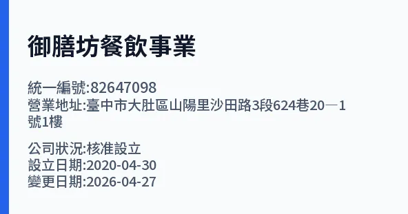 御膳坊餐飲事業的照片-統編 82647098(臺中市) 公司登記資料與營業項目詳細圖表