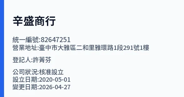 辛盛商行的照片-統編 82647251(臺中市) 公司登記資料與營業項目詳細圖表