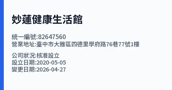 妙蓮健康生活館的照片-統編 82647560(臺中市) 公司登記資料與營業項目詳細圖表
