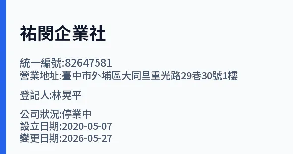 祐閔企業社的照片-統編 82647581(臺中市) 公司登記資料與營業項目詳細圖表
