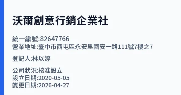 沃爾創意行銷企業社的照片-統編 82647766(臺中市) 公司登記資料與營業項目詳細圖表