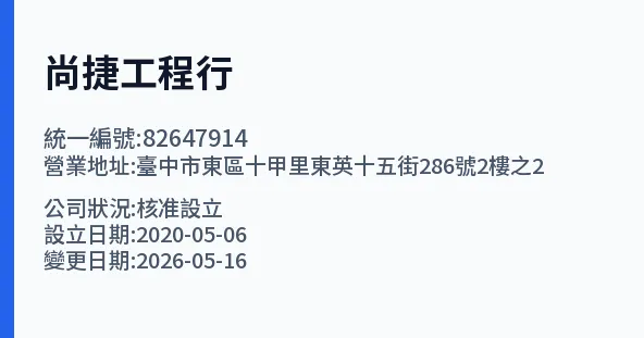尚捷工程行的照片-統編 82647914(臺中市) 公司登記資料與營業項目詳細圖表