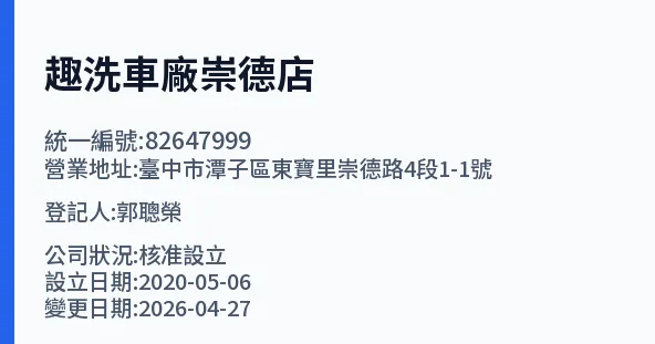趣洗車廠崇德店的照片-統編 82647999(臺中市) 公司登記資料與營業項目詳細圖表