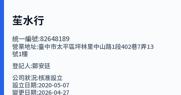 苼水行的照片-統編 82648189(臺中市) 公司登記資料與營業項目詳細圖表