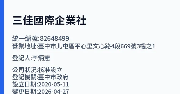 三佳國際企業社的照片-統編 82648499(臺中市) 公司登記資料與營業項目詳細圖表