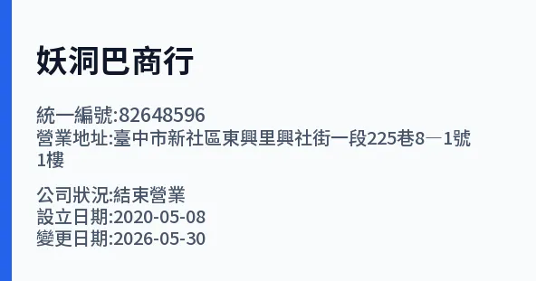 妖洞巴商行的照片-統編 82648596(臺中市) 公司登記資料與營業項目詳細圖表