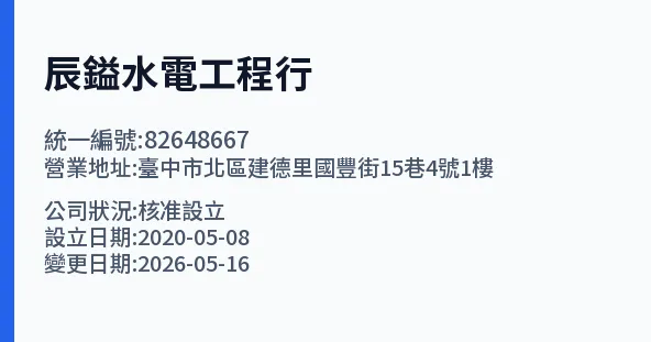 辰鎰水電工程行的照片-統編 82648667(臺中市) 公司登記資料與營業項目詳細圖表