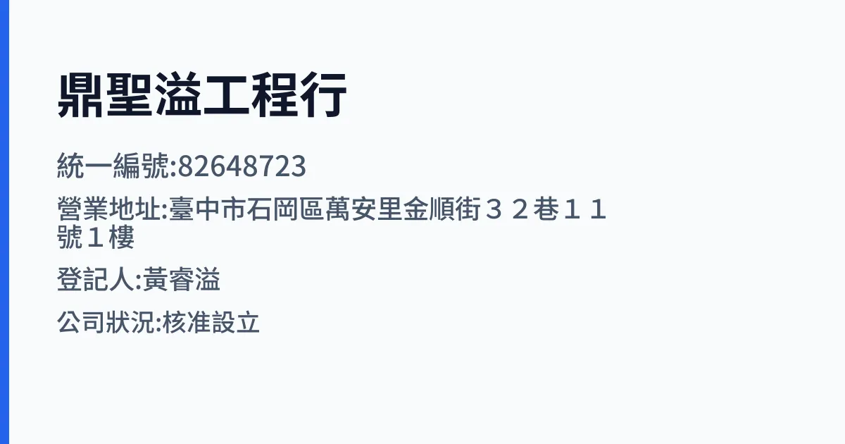 鼎聖溢工程行 - 統編 82648723(臺中市) 公司登記資料與營業項目詳細圖表