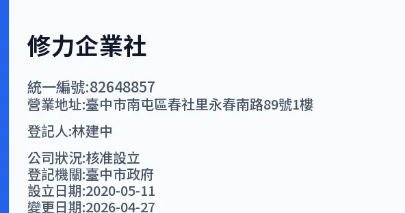 修力企業社的照片-統編 82648857(臺中市) 公司登記資料與營業項目詳細圖表