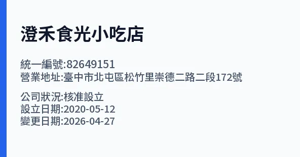 澄禾食光小吃店的照片-統編 82649151(臺中市) 公司登記資料與營業項目詳細圖表