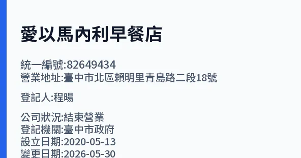 愛以馬內利早餐店的照片-統編 82649434(臺中市) 公司登記資料與營業項目詳細圖表