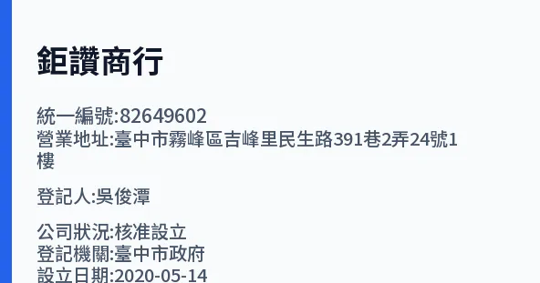鉅讚商行的照片-統編 82649602(臺中市) 公司登記資料與營業項目詳細圖表