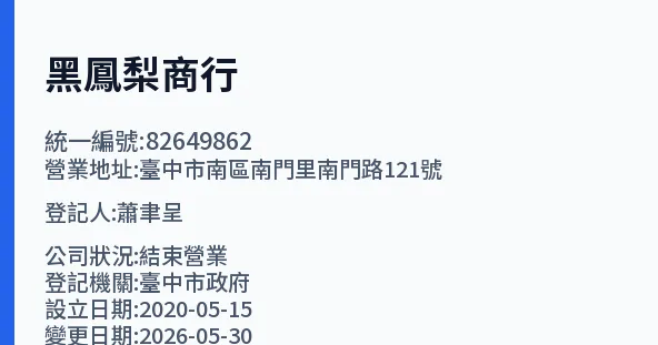 黑鳳梨商行的照片-統編 82649862(臺中市) 公司登記資料與營業項目詳細圖表