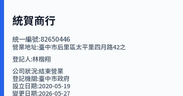 統賀商行的照片-統編 82650446(臺中市) 公司登記資料與營業項目詳細圖表