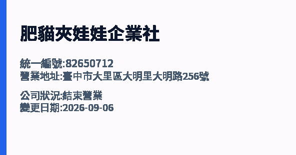 肥貓夾娃娃企業社的照片-統編 82650712(臺中市) 公司登記資料與營業項目詳細圖表