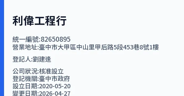 利偉工程行的照片-統編 82650895(臺中市) 公司登記資料與營業項目詳細圖表