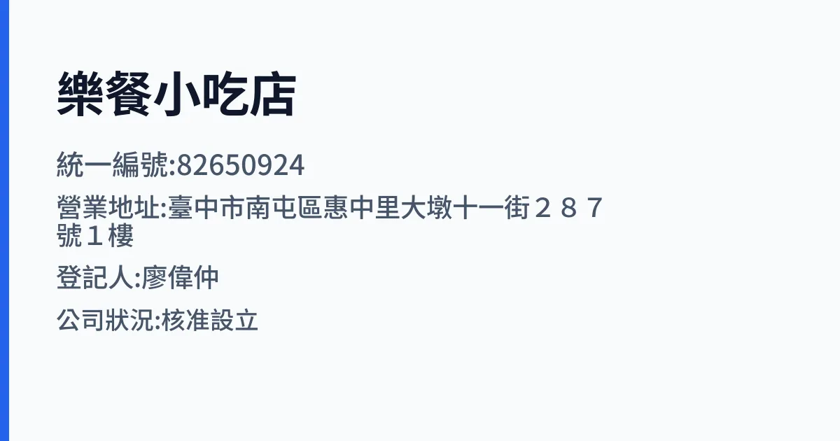 樂餐小吃店 - 統編 82650924(臺中市) 公司登記資料與營業項目詳細圖表