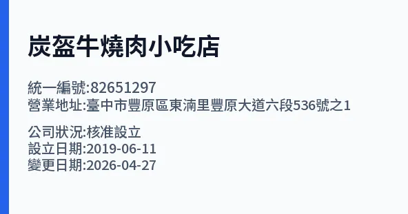 炭盔牛燒肉小吃店的照片-統編 82651297(臺中市) 公司登記資料與營業項目詳細圖表