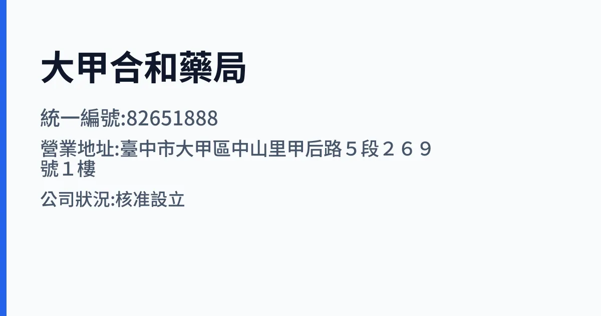 大甲合和藥局 - 統編 82651888(臺中市) 公司登記資料與營業項目詳細圖表