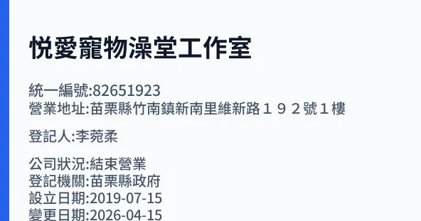 悦愛寵物澡堂工作室的照片-統編 82651923(苗栗縣) 公司登記資料與營業項目詳細圖表