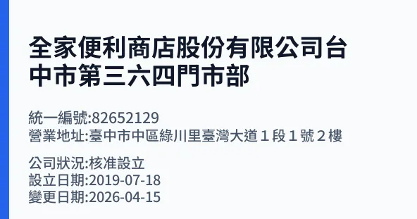 全家便利商店股份有限公司台中市第三六四門市部的照片-統編 82652129(臺中市) 公司登記資料與營業項目詳細圖表