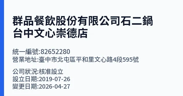 群品餐飲股份有限公司石二鍋台中文心崇德店的照片-統編 82652280(臺中市) 公司登記資料與營業項目詳細圖表