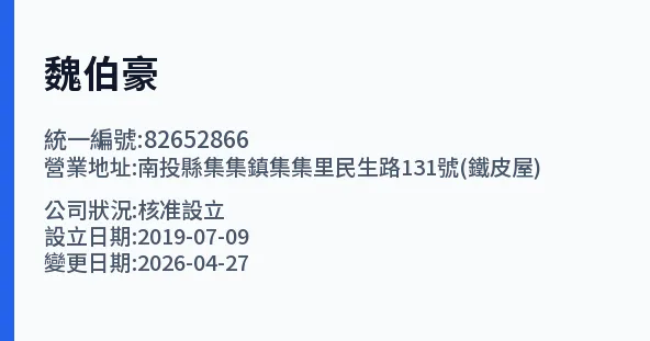 魏伯豪的照片-統編 82652866(南投縣) 公司登記資料與營業項目詳細圖表
