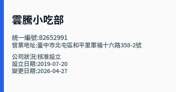 雲騰小吃部的照片-統編 82652991(臺中市) 公司登記資料與營業項目詳細圖表