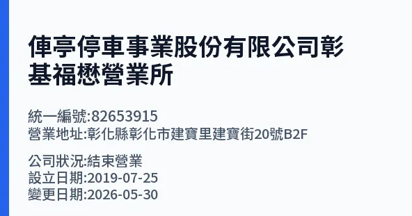 俥亭停車事業股份有限公司彰基福懋營業所的照片-統編 82653915(彰化縣) 公司登記資料與營業項目詳細圖表