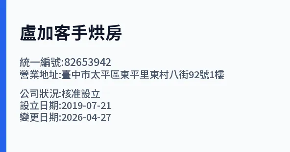 盧加客手烘房的照片-統編 82653942(臺中市) 公司登記資料與營業項目詳細圖表