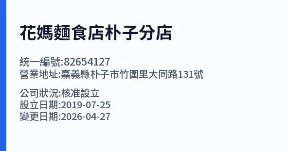 花媽麵食店朴子分店的照片-統編 82654127(嘉義縣) 公司登記資料與營業項目詳細圖表