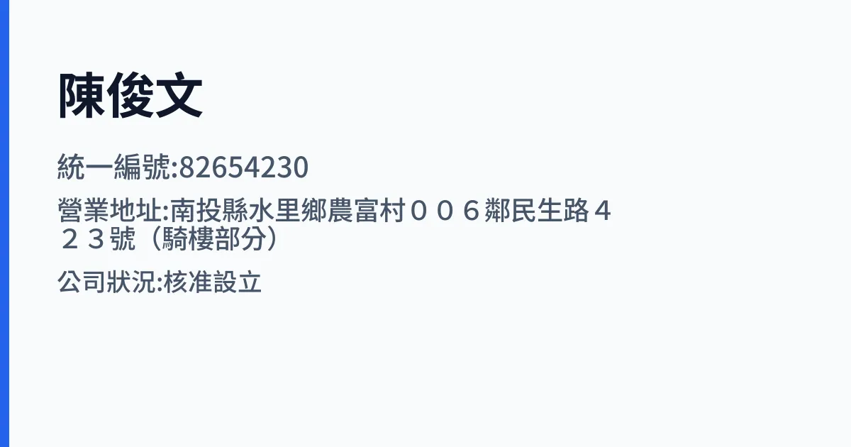 陳俊文 - 統編 82654230(南投縣) 公司登記資料與營業項目詳細圖表