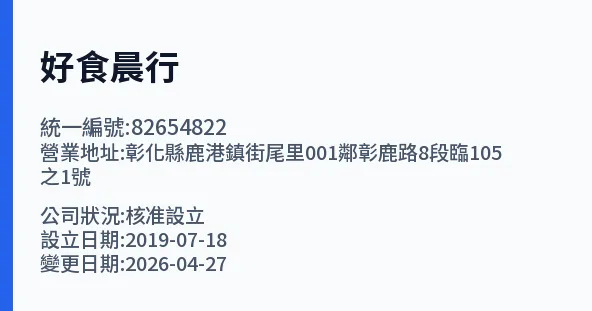 好食晨行的照片-統編 82654822(彰化縣) 公司登記資料與營業項目詳細圖表