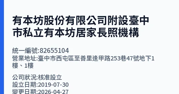 有本坊股份有限公司附設臺中市私立有本坊居家長照機構的照片-統編 82655104(臺中市) 公司登記資料與營業項目詳細圖表