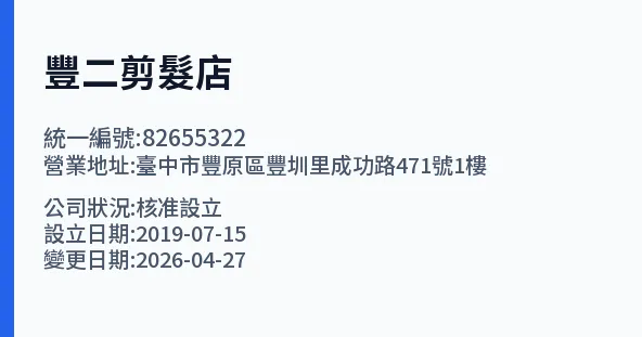 豐二剪髮店的照片-統編 82655322(臺中市) 公司登記資料與營業項目詳細圖表