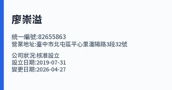 廖崇溢的照片-統編 82655863(臺中市) 公司登記資料與營業項目詳細圖表