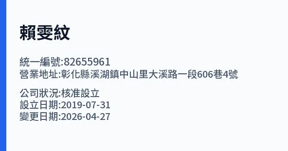 賴雯紋的照片-統編 82655961(彰化縣) 公司登記資料與營業項目詳細圖表