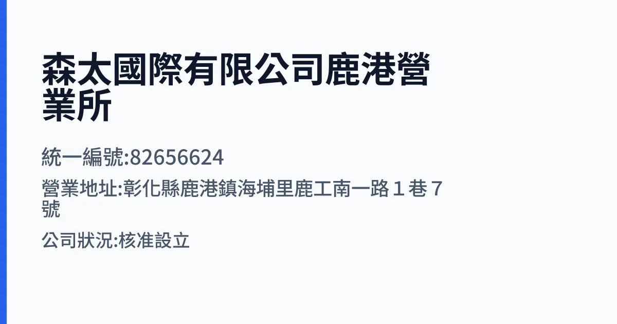 森太國際有限公司鹿港營業所 - 統編 82656624(彰化縣) 公司登記資料與營業項目詳細圖表