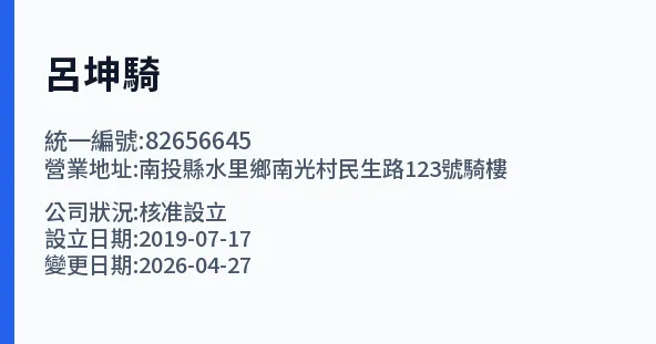 呂坤騎的照片-統編 82656645(南投縣) 公司登記資料與營業項目詳細圖表