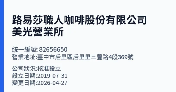 路易莎職人咖啡股份有限公司美光營業所的照片-統編 82656650(臺中市) 公司登記資料與營業項目詳細圖表