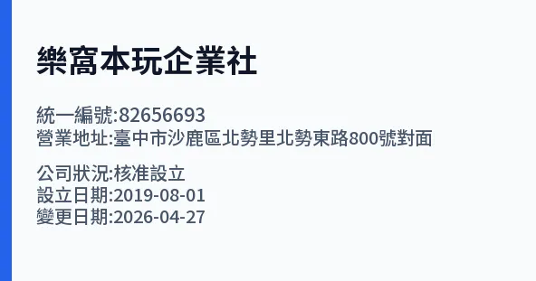 樂窩本玩企業社的照片-統編 82656693(臺中市) 公司登記資料與營業項目詳細圖表