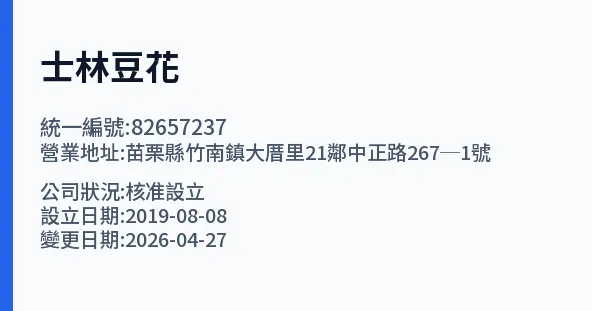 士林豆花的照片-統編 82657237(苗栗縣) 公司登記資料與營業項目詳細圖表