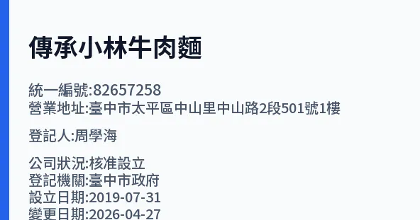 傳承小林牛肉麵的照片-統編 82657258(臺中市) 公司登記資料與營業項目詳細圖表