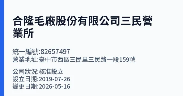 合隆毛廠股份有限公司三民營業所的照片-統編 82657497(臺中市) 公司登記資料與營業項目詳細圖表