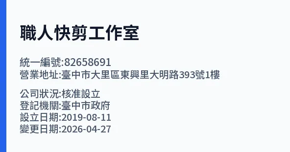 職人快剪工作室的照片-統編 82658691(臺中市) 公司登記資料與營業項目詳細圖表