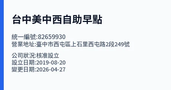台中美中西自助早點的照片-統編 82659930(臺中市) 公司登記資料與營業項目詳細圖表