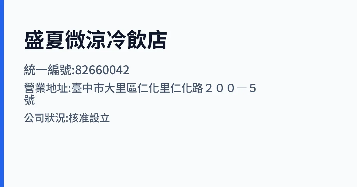 盛夏微涼冷飲店 - 統編 82660042(臺中市) 公司登記資料與營業項目詳細圖表